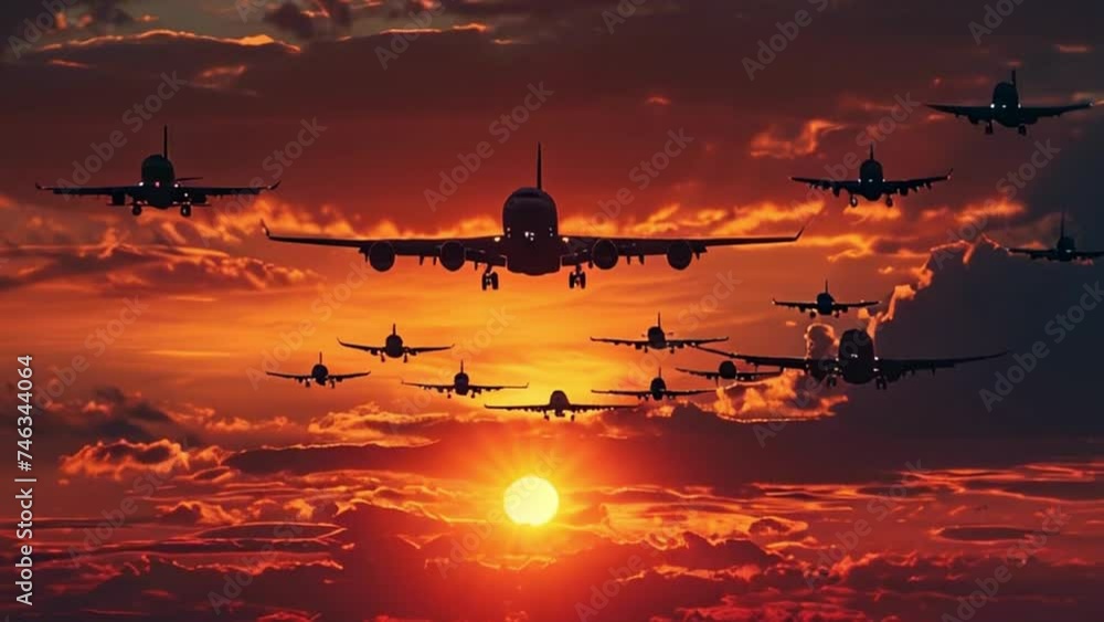 Several passenger airplanes flying above clouds at sunset is a ...