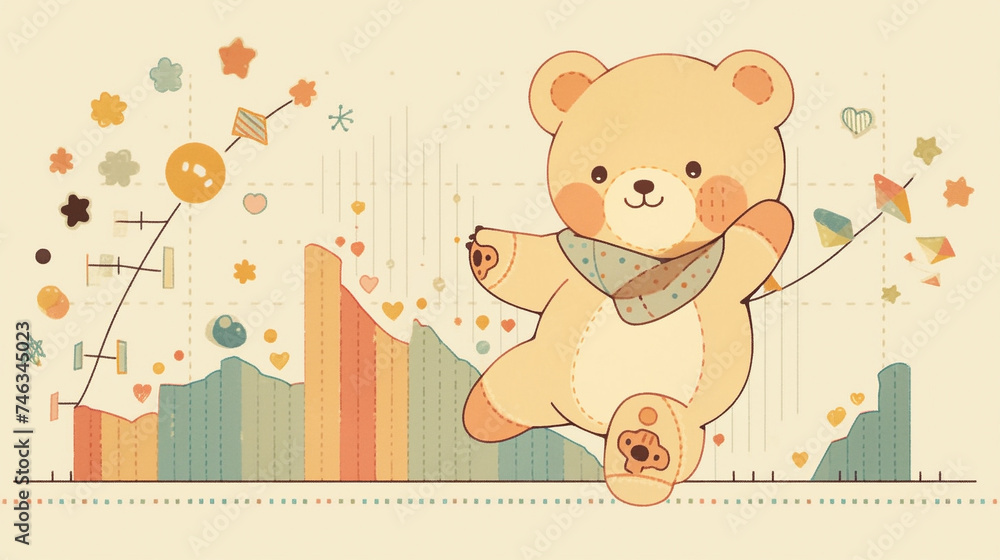 Cute teddy bear carefully walking along the rising line of a colorful ...