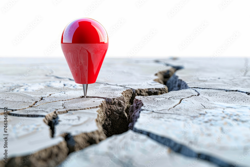 Map pin icon near crack in surface after earthquake isolated on white ...