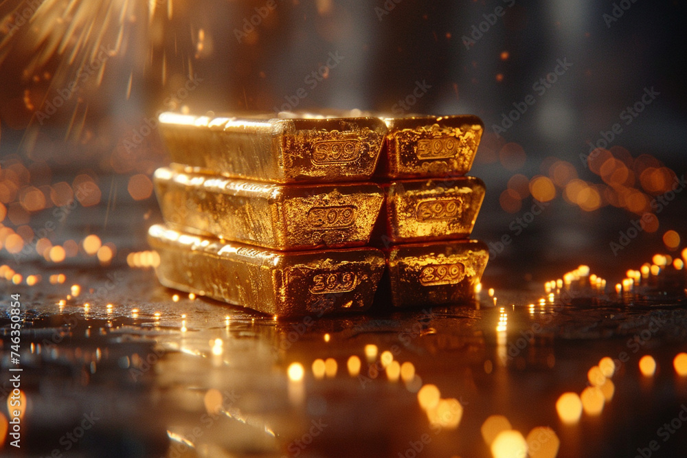Elegant gold bars stacked with a transparent graph overlay showing the ...