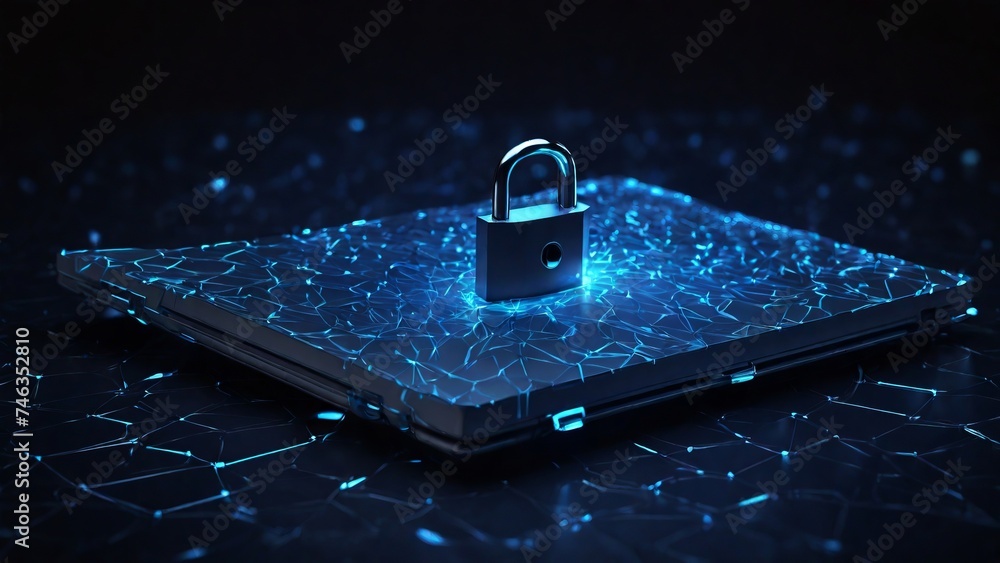 Futuristic 3d security lock on laptop made of linear polygons with neon ...
