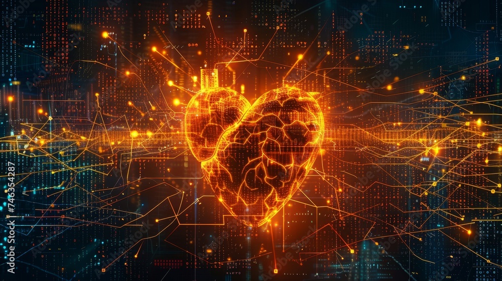 Capture the heartbeat of the digital age, with binary code pulsating across technology ...