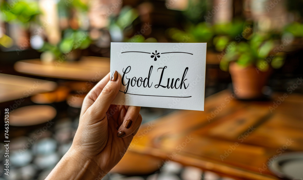 Hand holding a Good Luck card with elegant script font, a gesture of ...