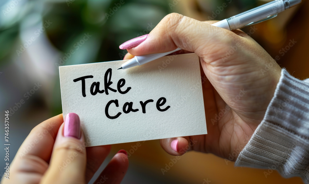 Handwriting a heartfelt Take Care message on a plain white card, a ...