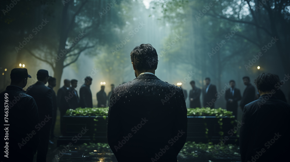 A somber gathering at a funeral in a misty cemetery, with a man ...