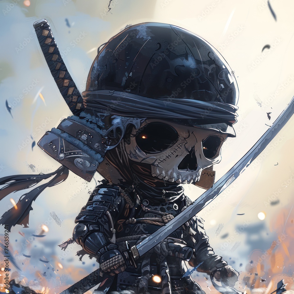 Square of a chibi skull samurai casting a shadow over the battlefield ...
