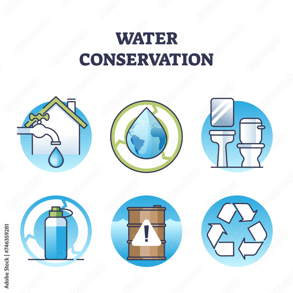 Water conservation icons and rainwater collection to save resources ...