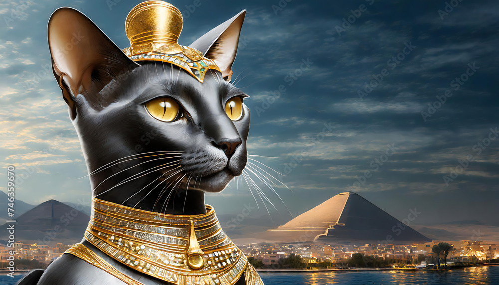 Fantasy view of Egyptian Sphinx with Egyptian pyramids in background ...