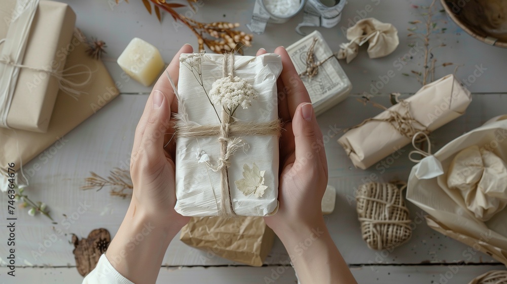 Eco-friendly zero waste gift wrapping concept showcasing handcrafted ...