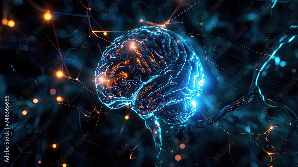 Neural brain icon. Technology, neuron, antidesign, head, mind, receptor ...