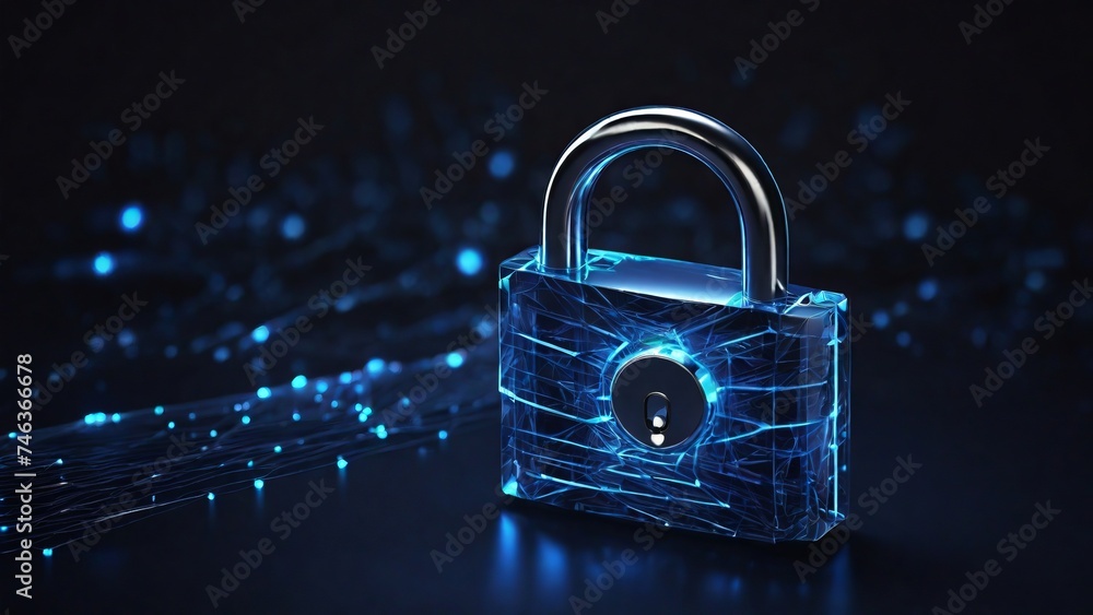 Futuristic 3d security lock made of linear polygons with neon lights on ...