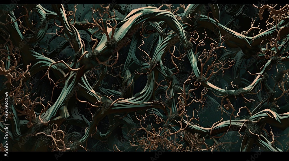 Abstract twisted vines and thorns entangled in darkness. Sinister ...