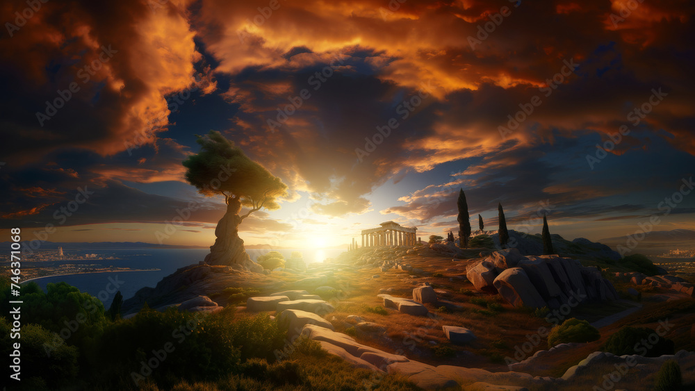 panorama of an ancient Greek rock temple, where twilight casts its ...