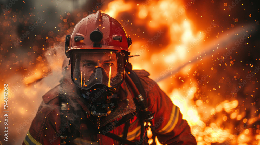 firemen using fire hose to extinguish a fire Inside burning building ...
