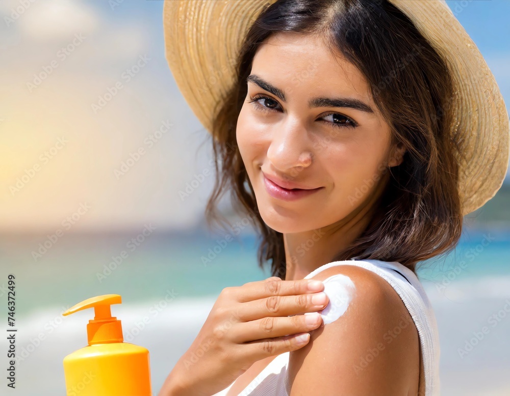 Beautiful Woman Applying Sunscreen On Her Skin For Uv Protection Under