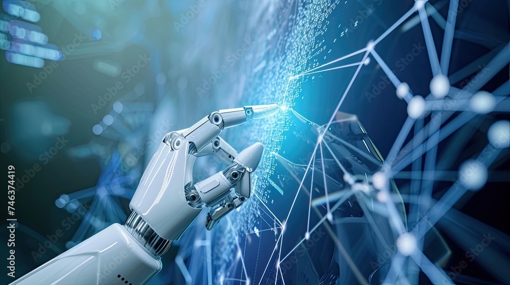 Robot hand controls holographic interface icon. Futuristic, technology ...