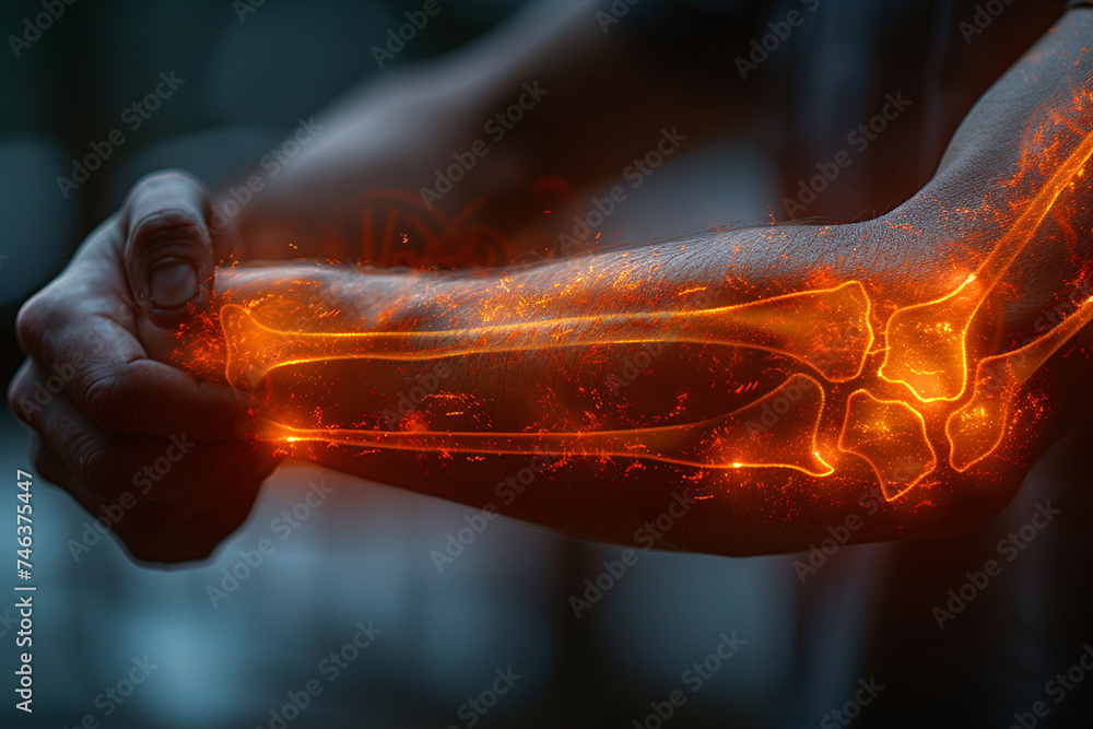 person with pain in his elbow, body with pain in the elbow, man holding ...