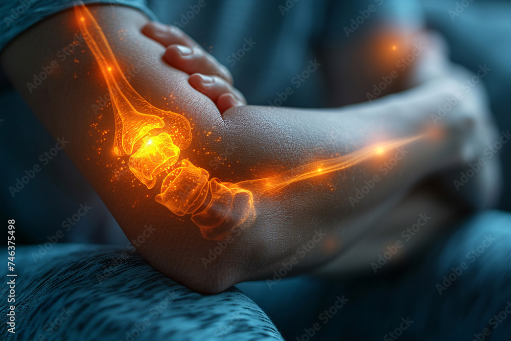 person with pain in his elbow, body with pain in the elbow, man holding ...