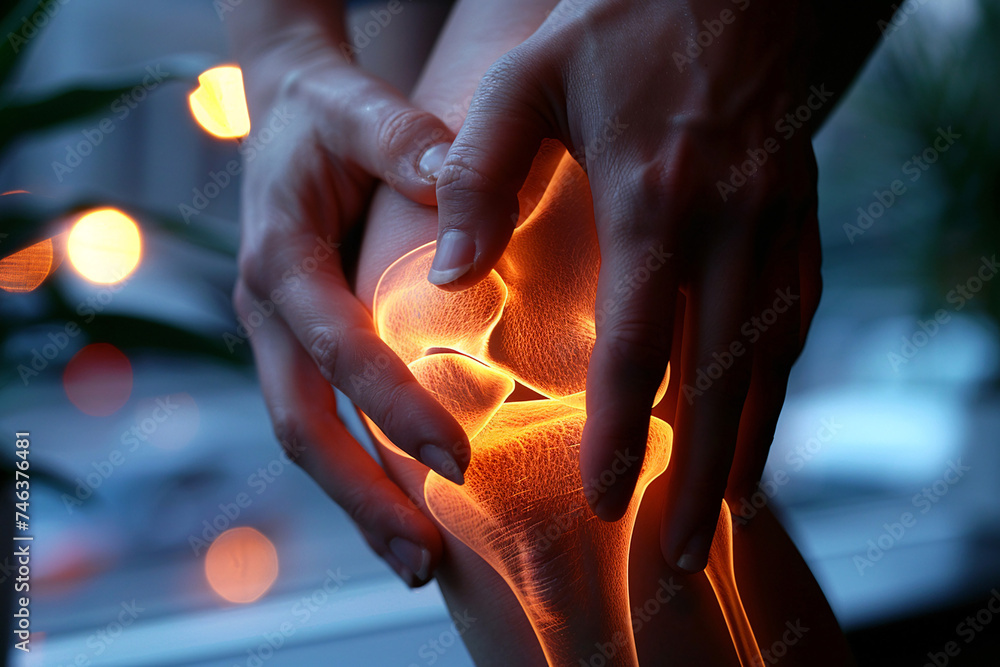 person with pain in his knee, body with pain in the knee, man holding ...