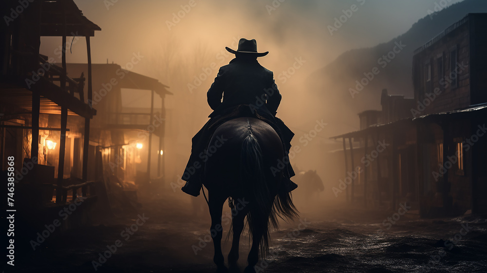 cowboy view from the back, wild west, retro landscape in the town ...