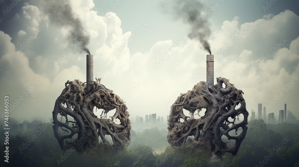 carbon footprint, smoke pollution of the atmosphere, pipes with smoke ...