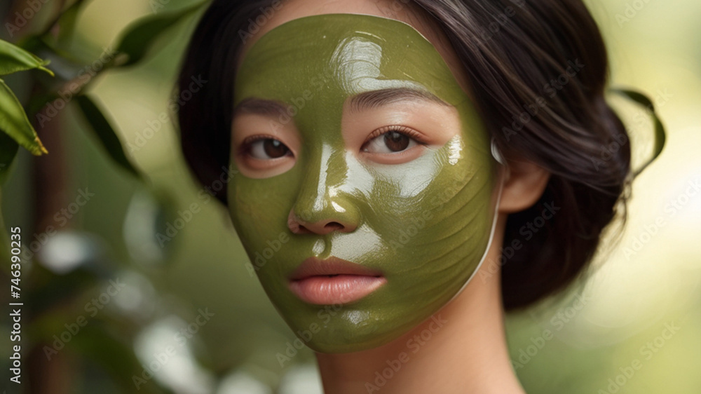 Gorgeous young Asian woman with skin care green mask on her face, for ...