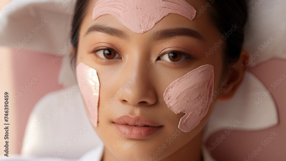 Gorgeous young Asian woman with skin care pink clay mask on her face ...