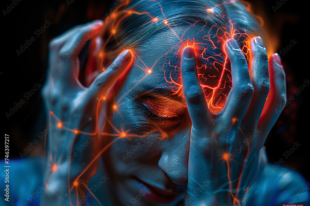 migraine, headache, person with pain in his head, body with pain in the ...