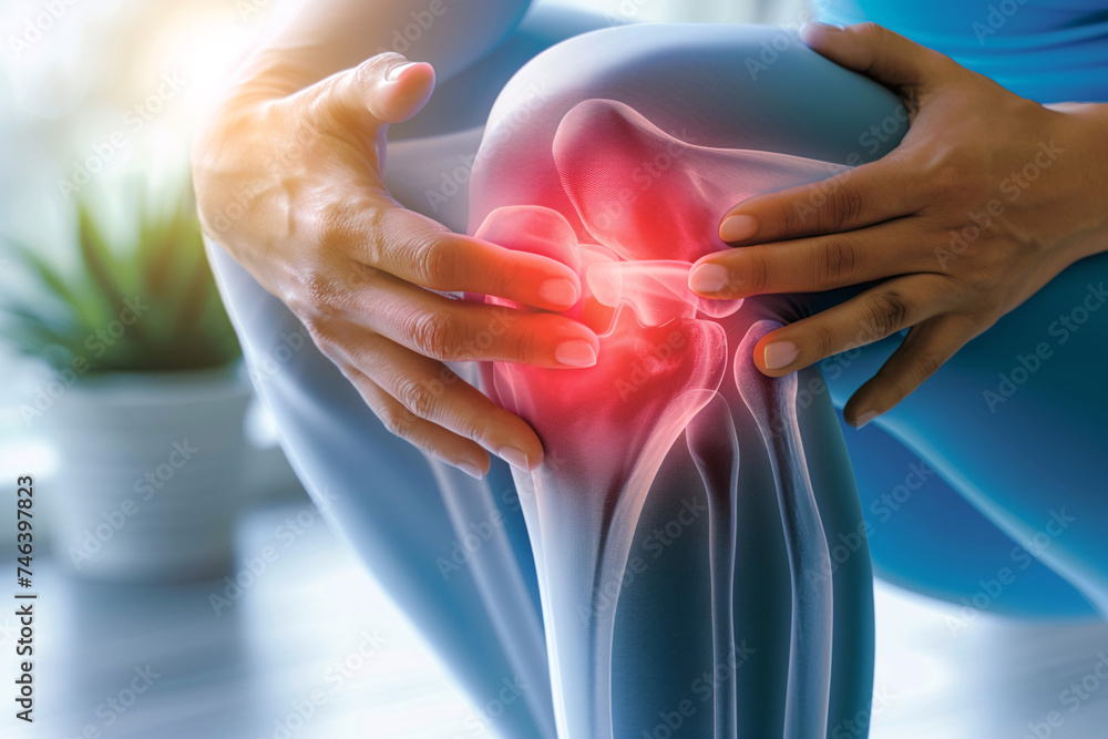 person with pain in his knee, body with pain in the knee, man holding ...