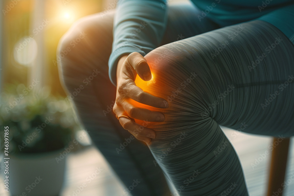 person with pain in his knee, body with pain in the knee, man holding ...