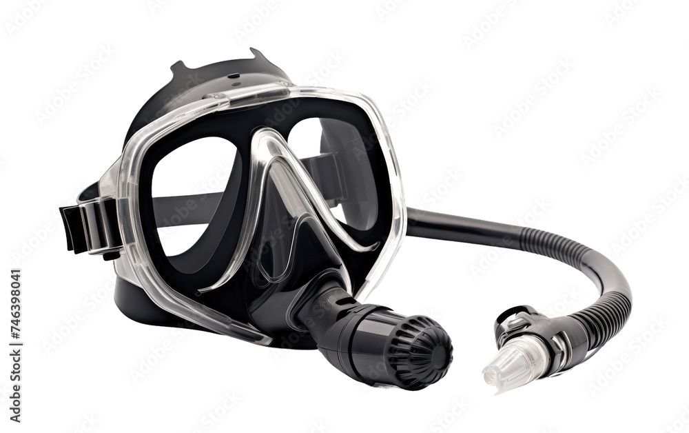 A scuba mask equipped with a breathing device is shown in the image ...