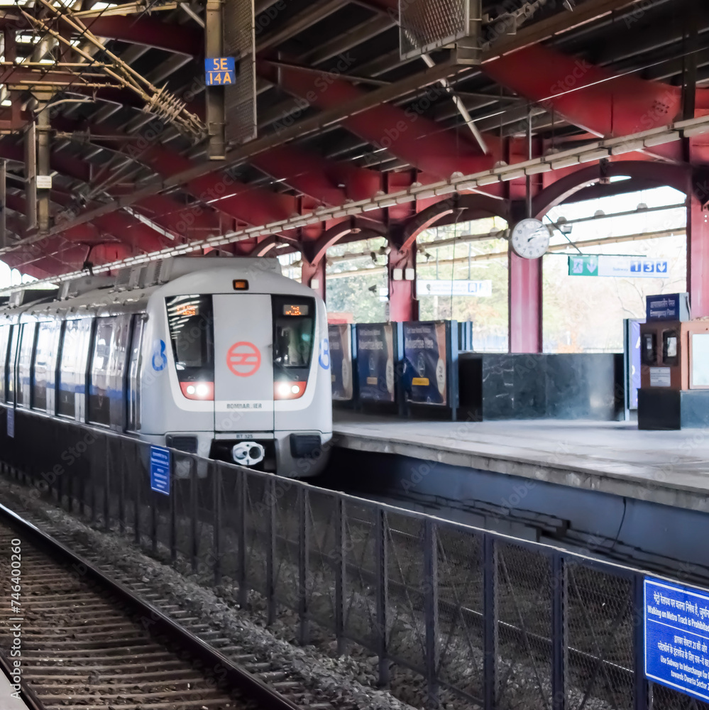 New Delhi, India, February 17 2024 - Delhi Metro train arriving at ...
