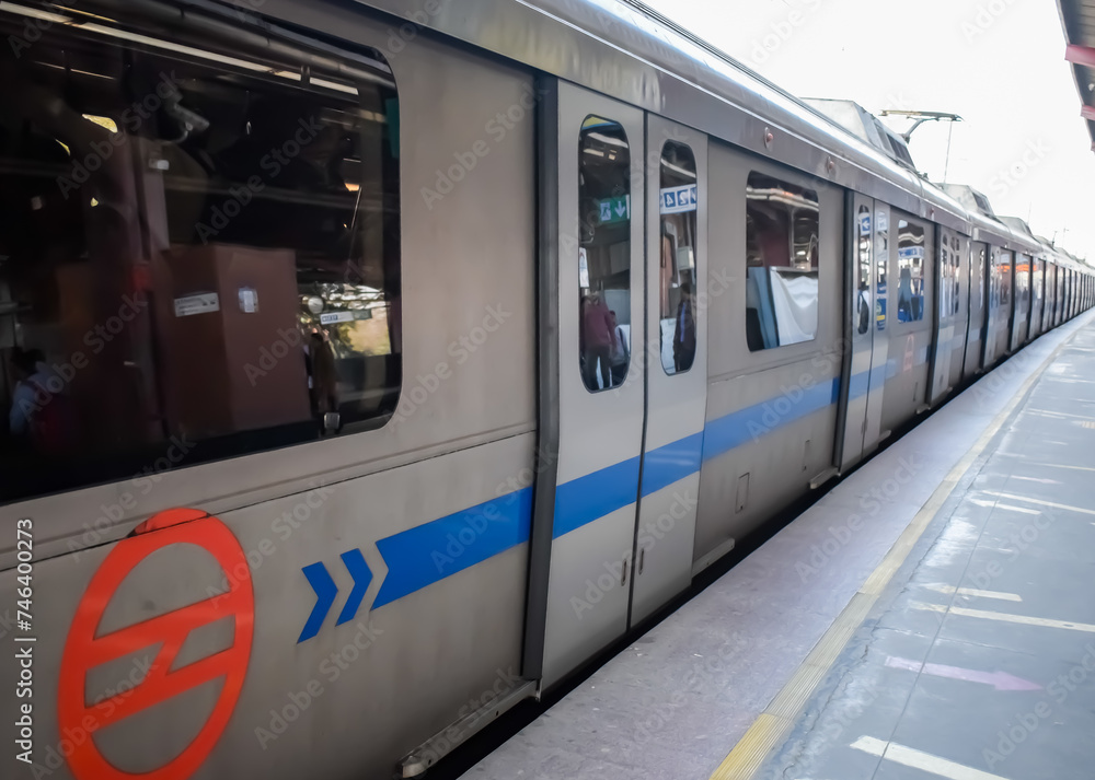 New Delhi, India, February 17 2024 - Delhi Metro train arriving at ...