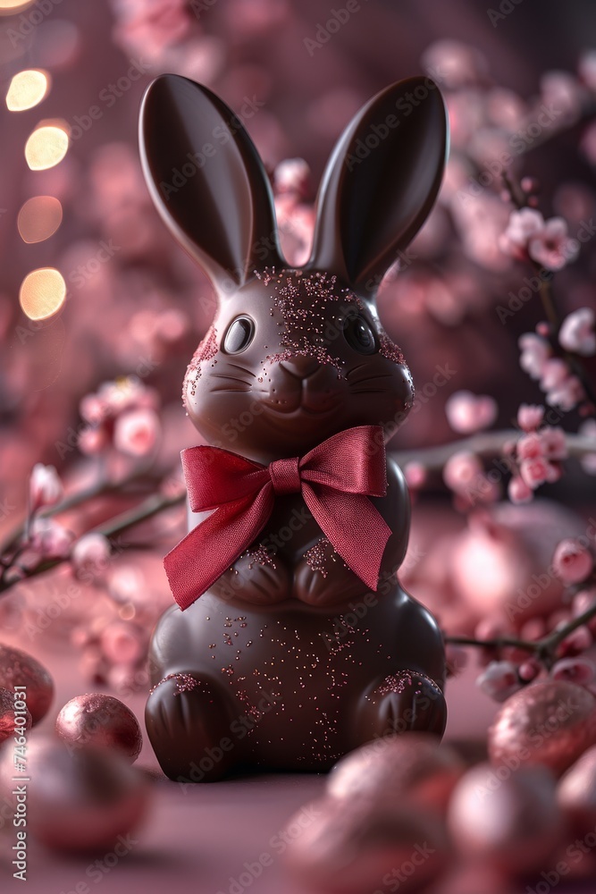 lapin de pâques en chocolat avec un ruban rouge dans un décor luxe ...