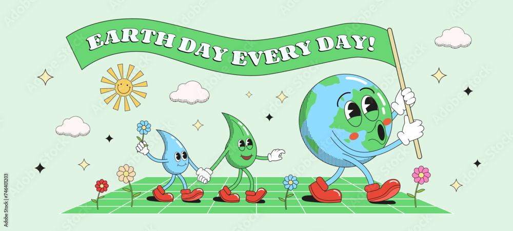 Earth Day banner with groovy Earth, leaf and water drop characters ...