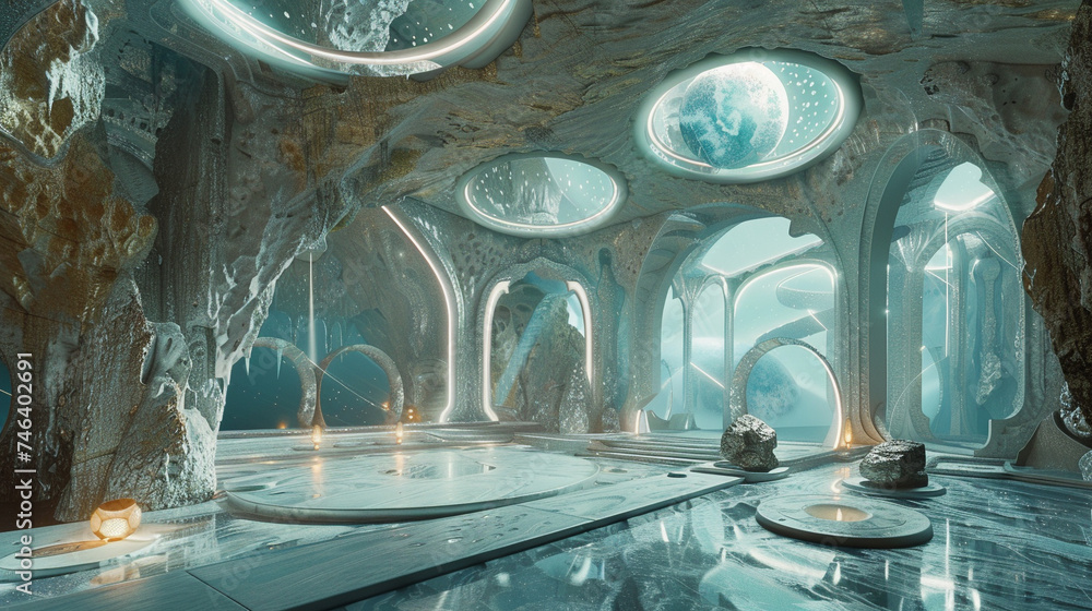 An ethereal, otherworldly interior resembling an alien temple, with ...