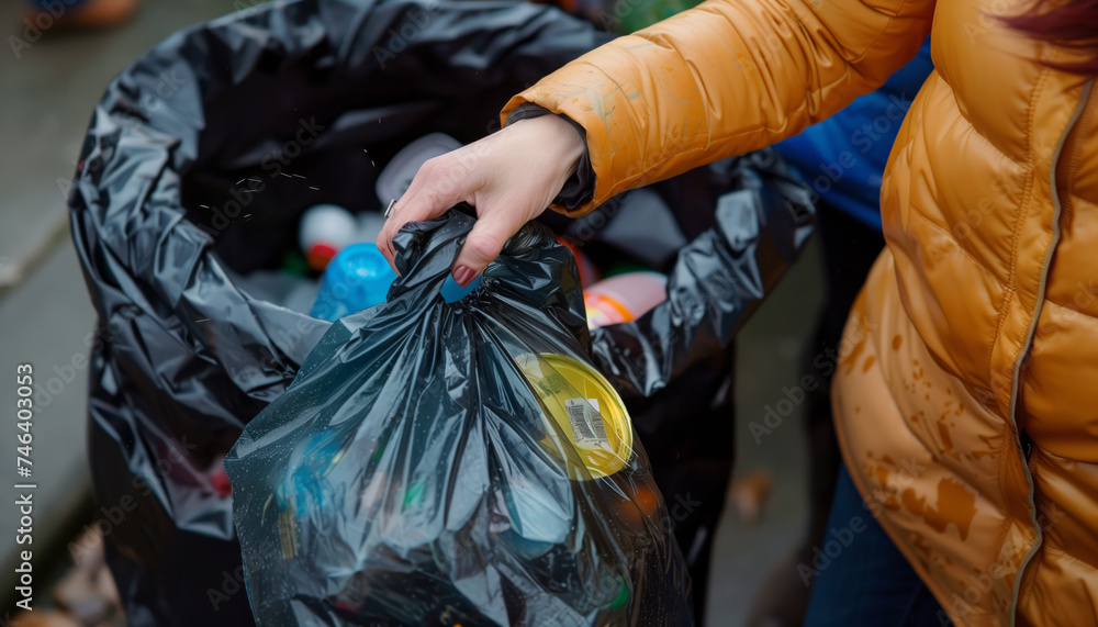 Hands throwing away a plastic rubbish bag with inorganic rubbish ...