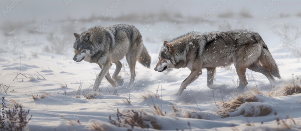 Fotografia do Stock: Two gray wolves are seen walking through a snowy ...