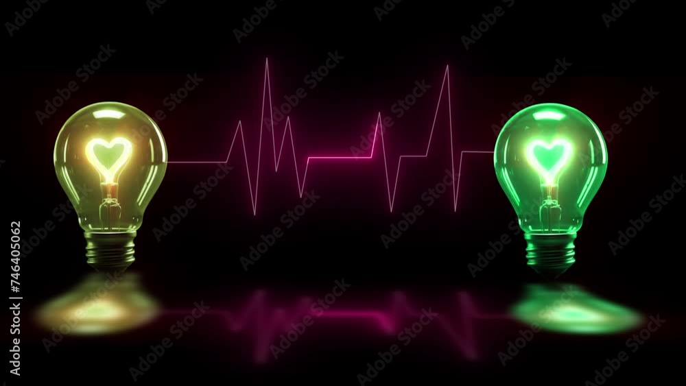Glowing Bright Light Bulb Connect With Love With Heart Rhythm, Heart ...