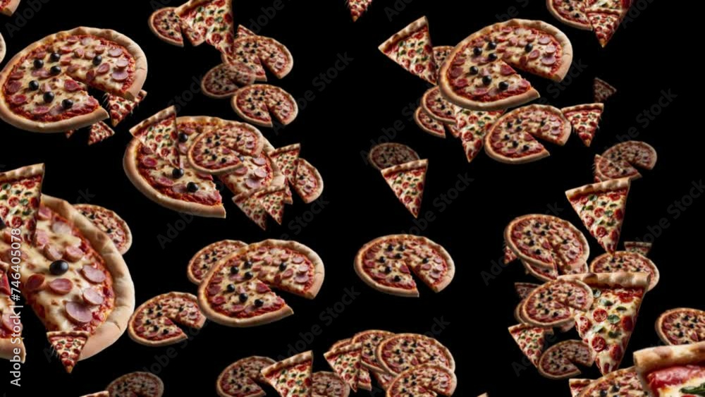 Full Delicious Pizza Falling Animation On Black Background, Lots Of ...