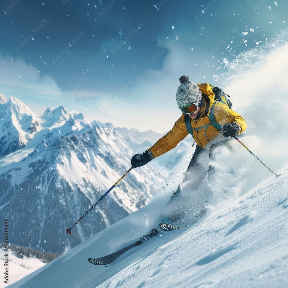 Adaptive skiing exhilaration and speed snowy mountain backdrop Stock ...