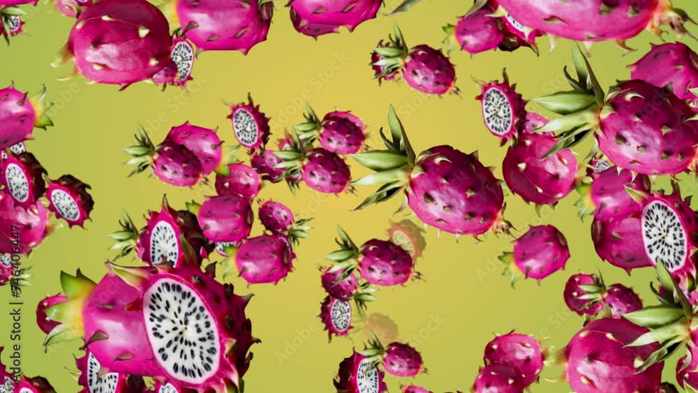 Lots Of Fresh Healthy Dragon Fruit Falling On Soft Gradient Background ...