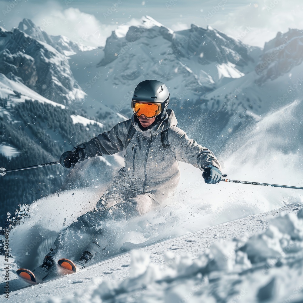 Adaptive skiing exhilaration and speed snowy mountain backdrop Stock ...