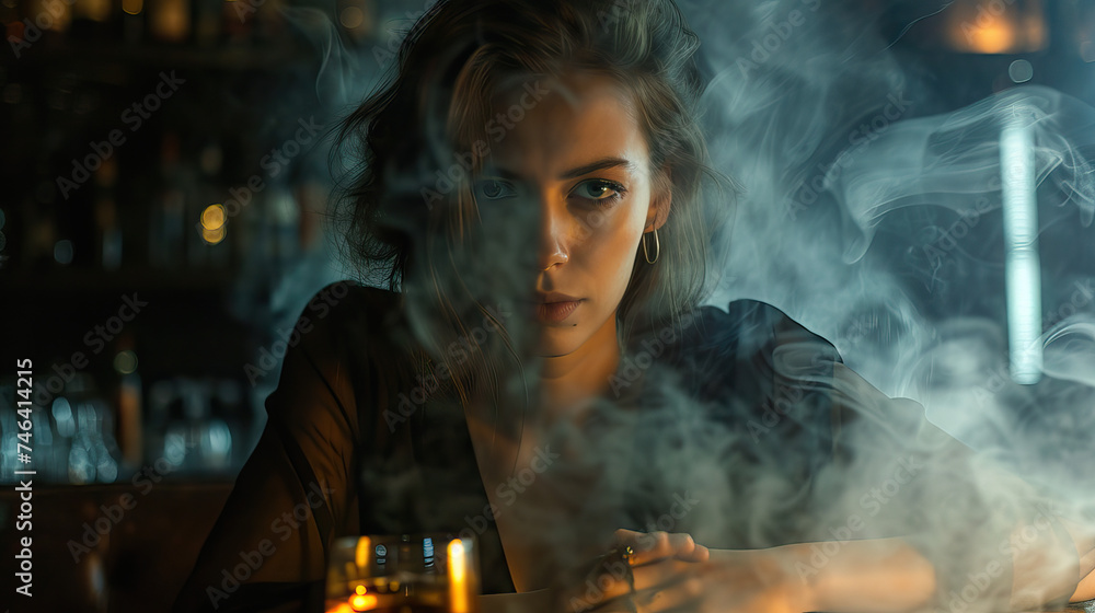 Seductress in Noir: A Dark Femme Fatale Sits in a Noir Bar, Exuding ...