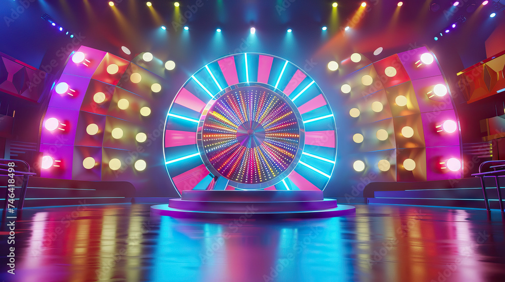 Colorful Game Show Wheel with Contestant Stands and Host Desk. Concept ...