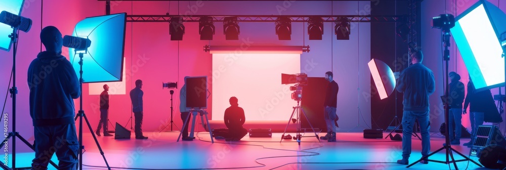 Film crew team with light man and cameraman working together with ...