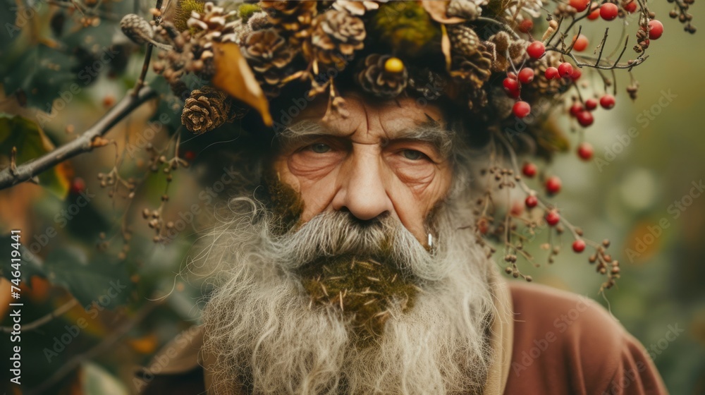 old man guardian of the forest with branches and moss on his head ...