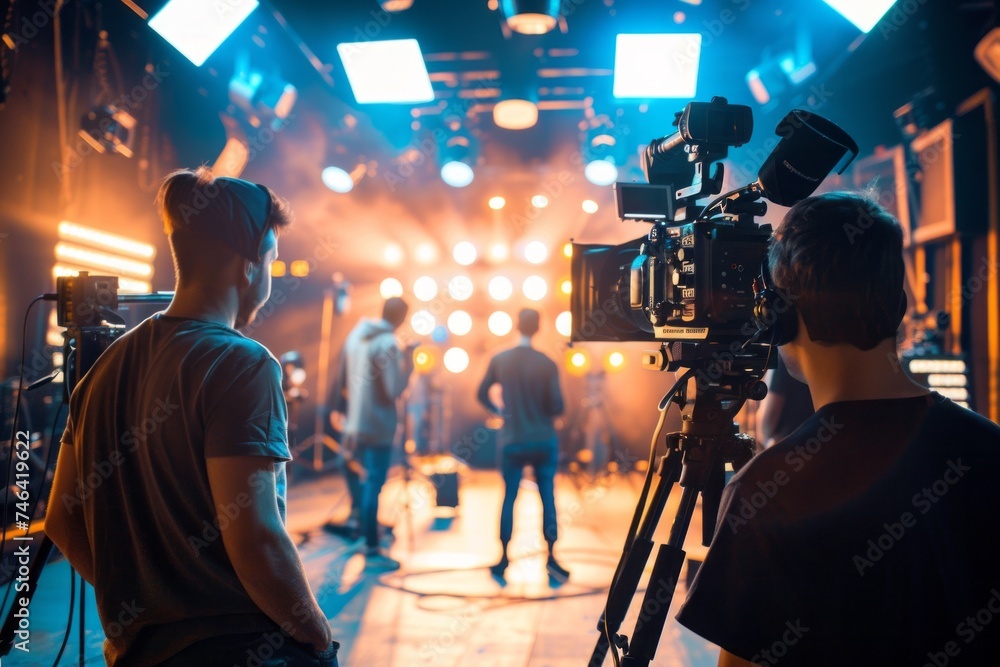 Film crew team with light man and cameraman working together with ...