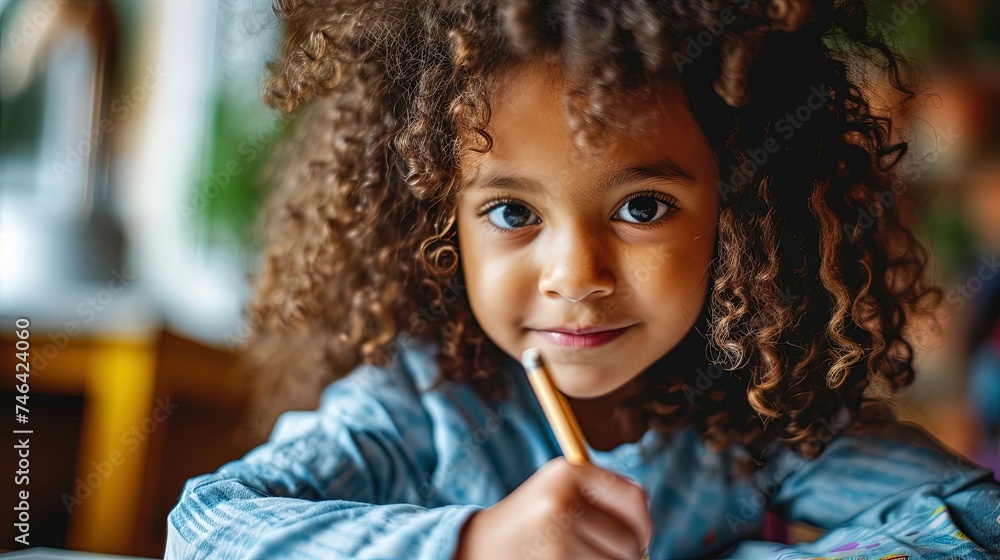 Cute little curly haired dark skinned girl, child, joyfully writing or ...