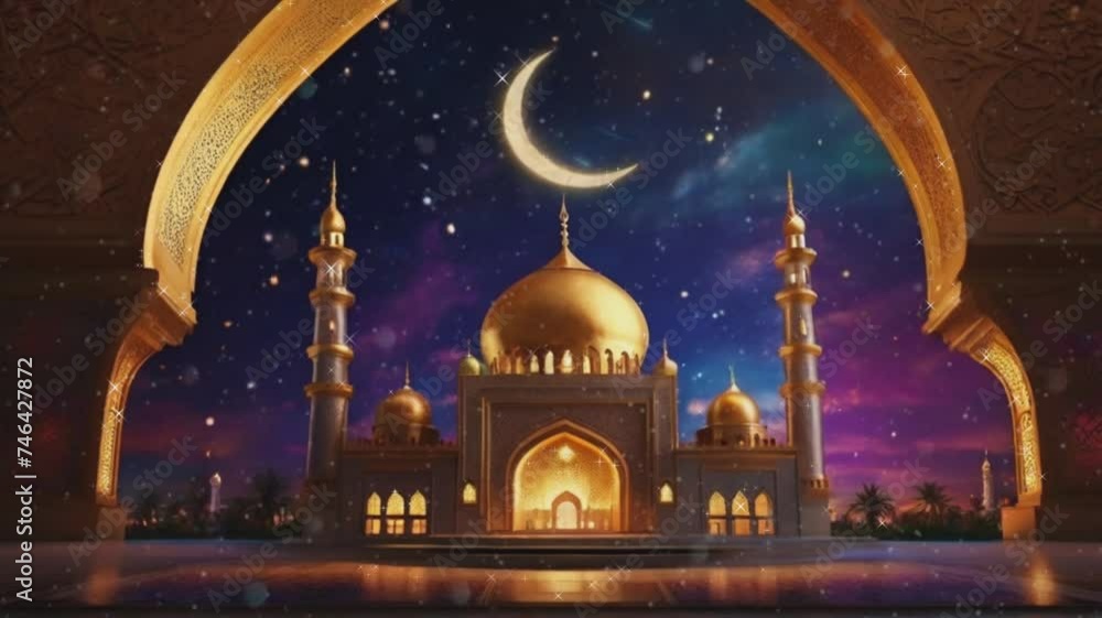 golden dome mosque on crescent moon night, the night sky is clear. 4k ...